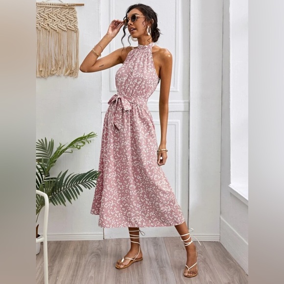 SHEIN | Dresses | Shein All Over Print Belted Halter Dress Size Small ...